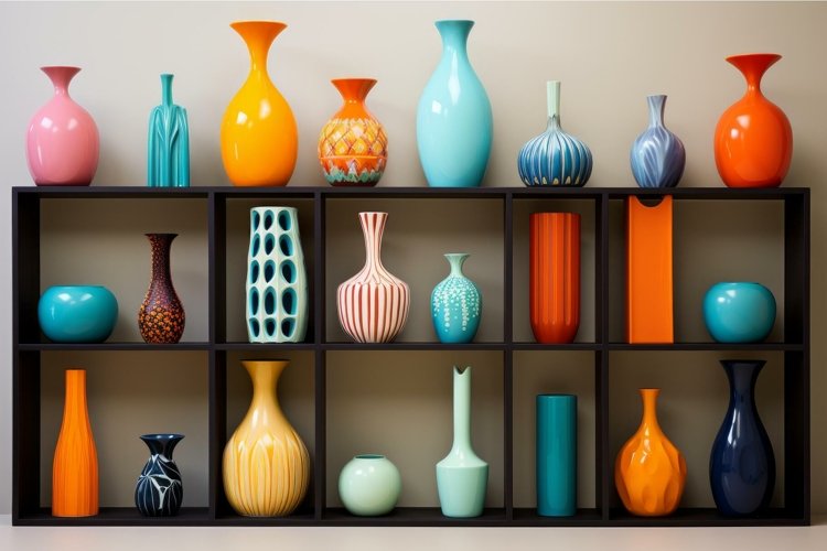 Decorative Shelf colorful vases. Generate Ai