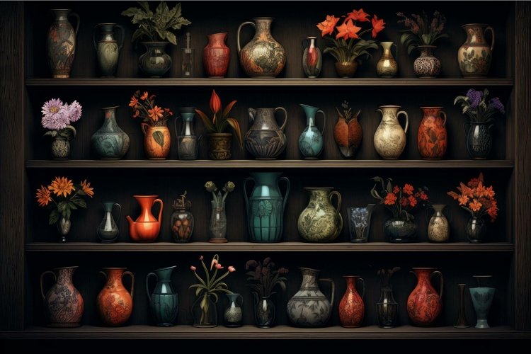 Intricate Shelf colorful vases art. Generate Ai
