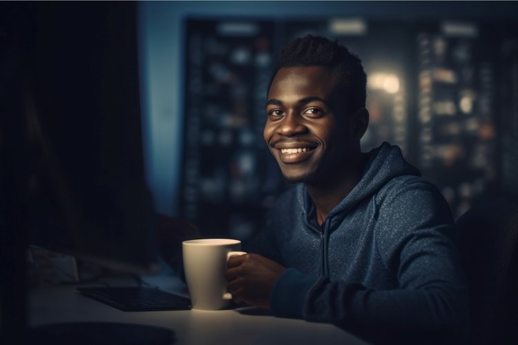 Smile happy black male software developer. Generate Ai