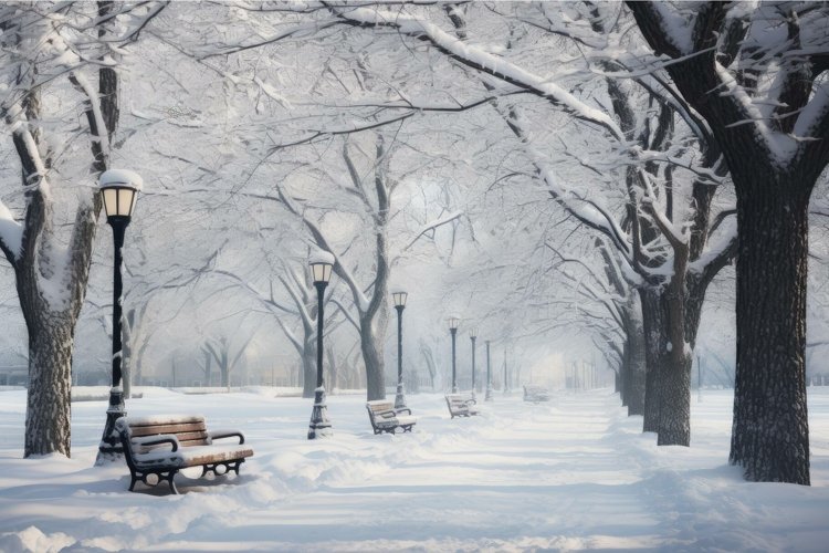 Picturesque Snowfall park forest walk. Generate Ai