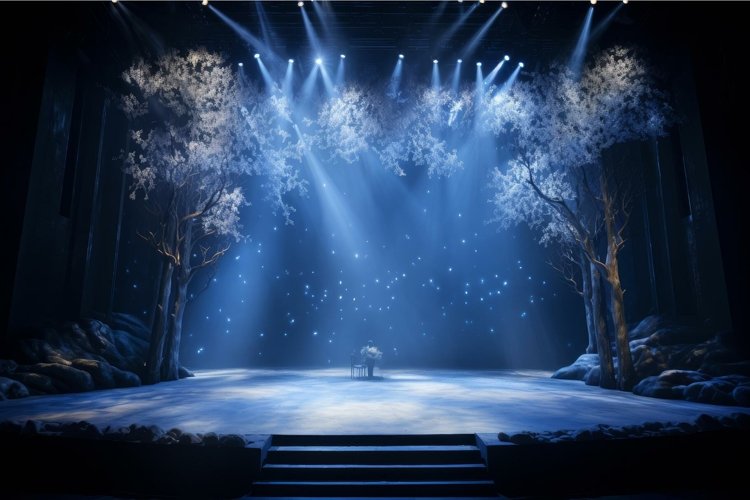 Tranquil Stage spotlight snow forest stand. Generate Ai