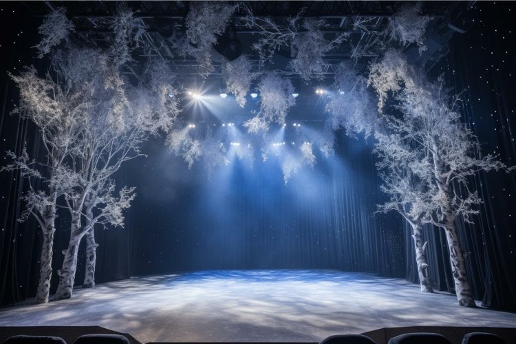 Frosty Stage spotlight snow forest stand. Generate Ai