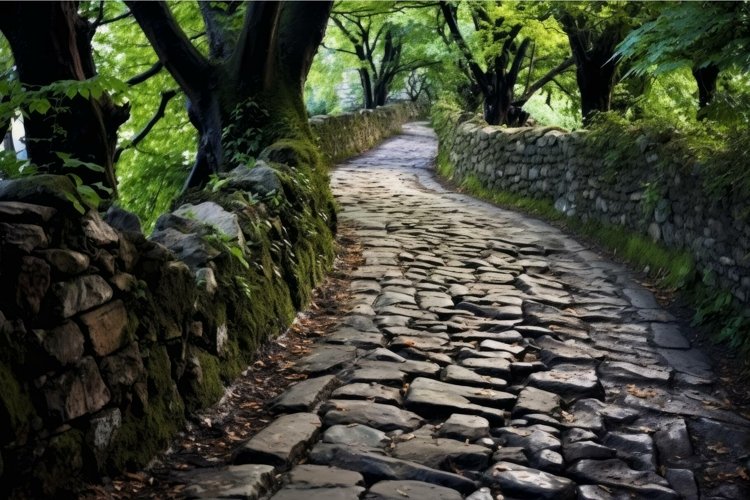 Mysterious Stone road forest way. Generate Ai Mysterious Stone road forest way. Generate Ai