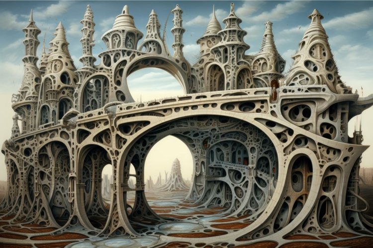 Digital artwork depicting a fantastical and intricate archit