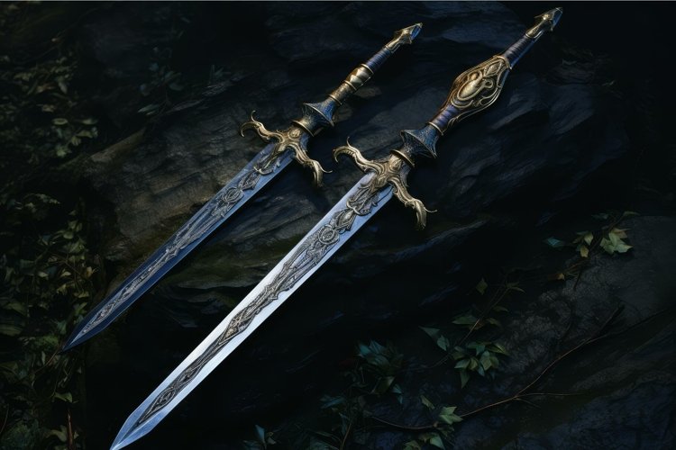 Engraved medieval swords on rocky surface