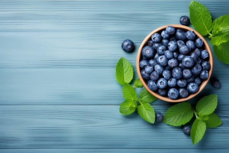 Tasty fresh bilberries with green leaves vitamin. Generate A