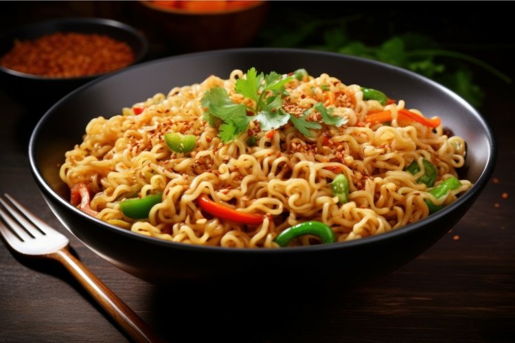 Tasty instant noodles with vegetables in bowl. (3661378)