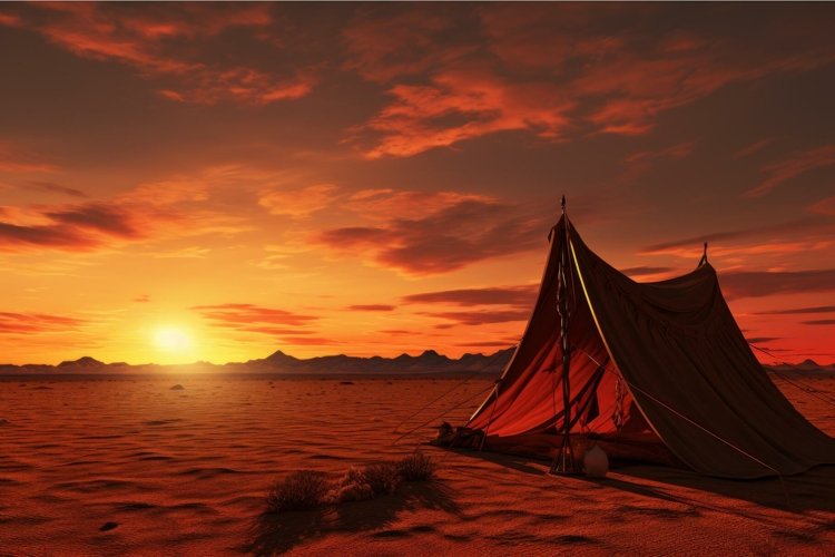 Tent desert sunset. Generate Ai