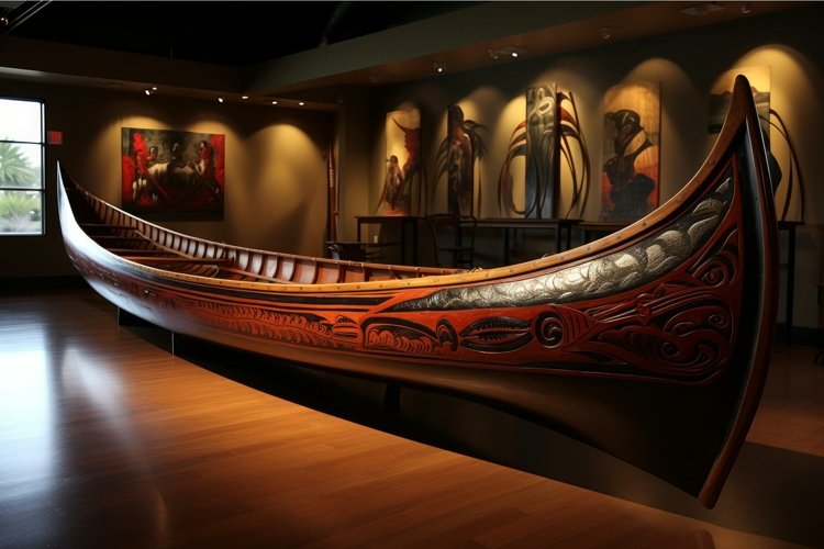 Exquisite carved wooden canoe on display