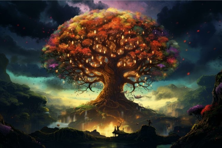Enchanted fantasy landscape with majestic tree