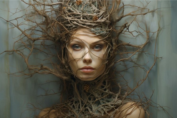 Enigmatic woman with twigs and branches headpiece