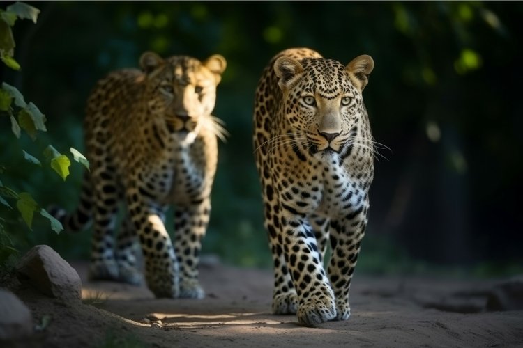 Powerful leopards walking ground. Generate AI