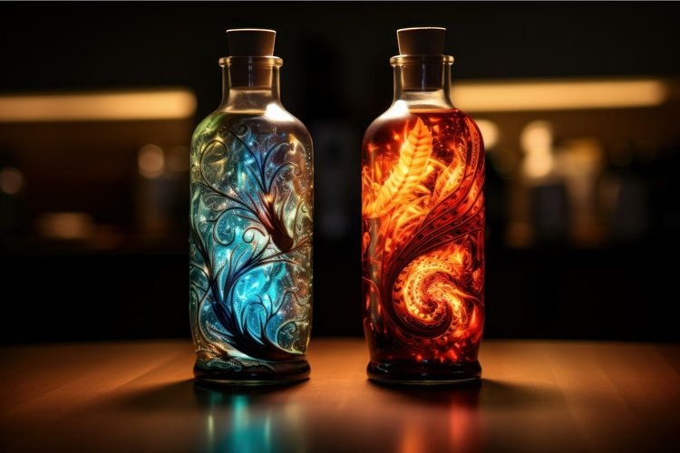 Artistic glowing bottles with intricate patterns