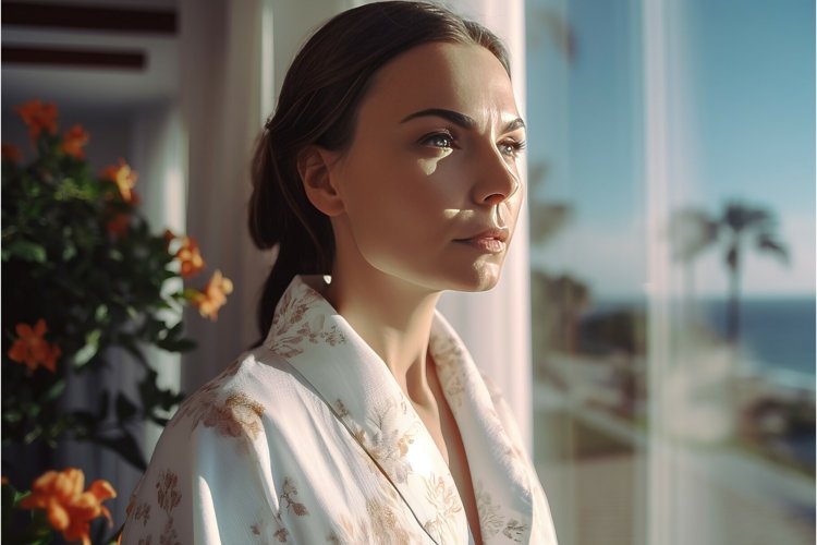 Woman in bathrobe at balcony in sunlight. Generate Ai