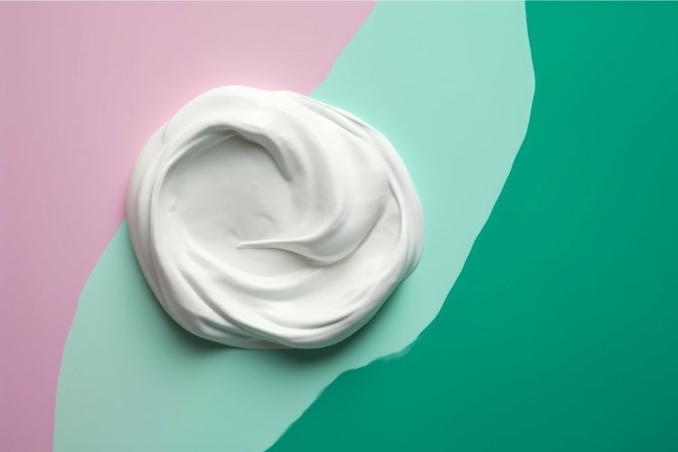 White cosmetic sample on green colored background. Generate