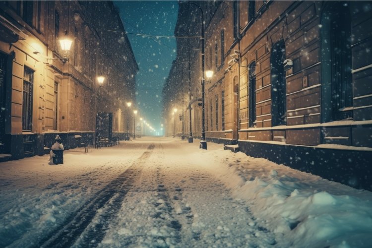 Winter snow city street natural. Generate Ai