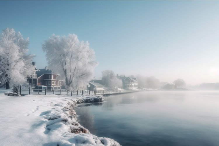 Winter view icy waterfront. Generate ai