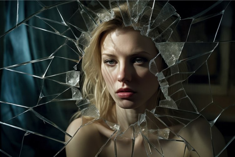 Woman broken glass view. Generate Ai