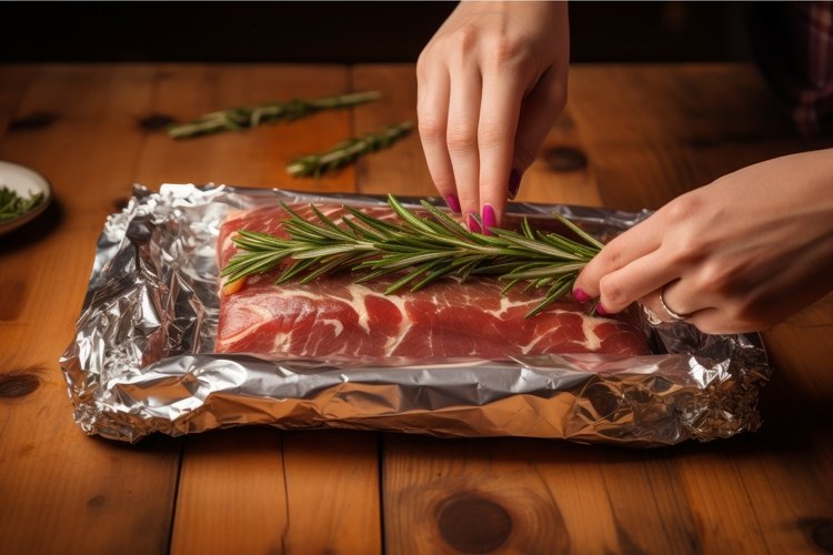 Woman wrapping meat with rosemary in aluminum foil. Generate