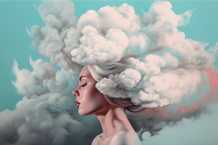 Woman clouds head. Generate Ai