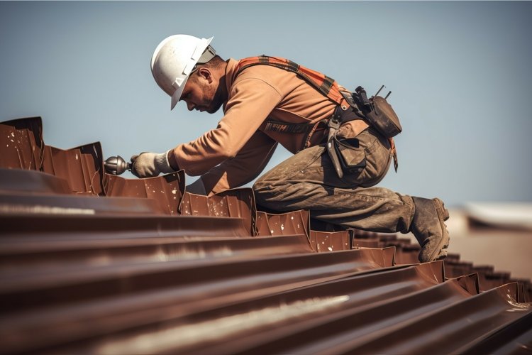 Worker install gutter roof. Generate AI (3534817)