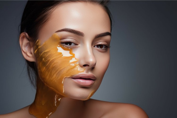 Young woman with honey on her face. Generate ai