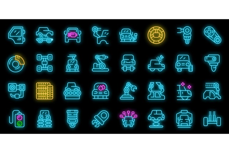 Auto assembly icons set vector neon