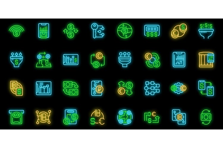 Currency conversion icons set vector neon