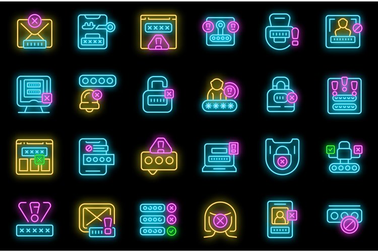 Wrong password icons set vector neon