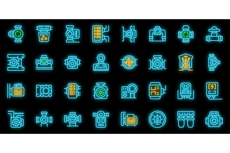 Water circulation pump icons set vector neon