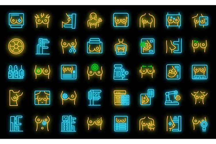 Mammogram icons set vector neon