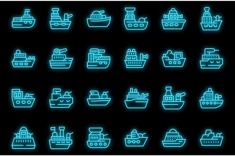 Warship icons set vector neon