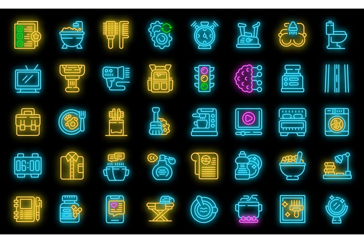 Daily routine icons set vector neon