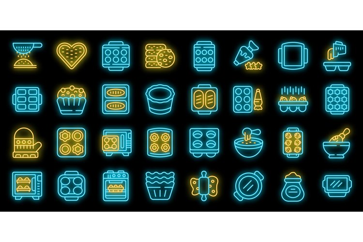 Bakeware icons set vector neon
