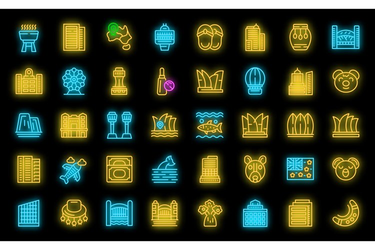 Sydney icons set vector neon
