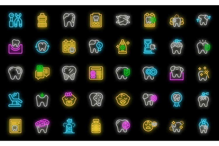 Pediatric dentistry icons set vector neon