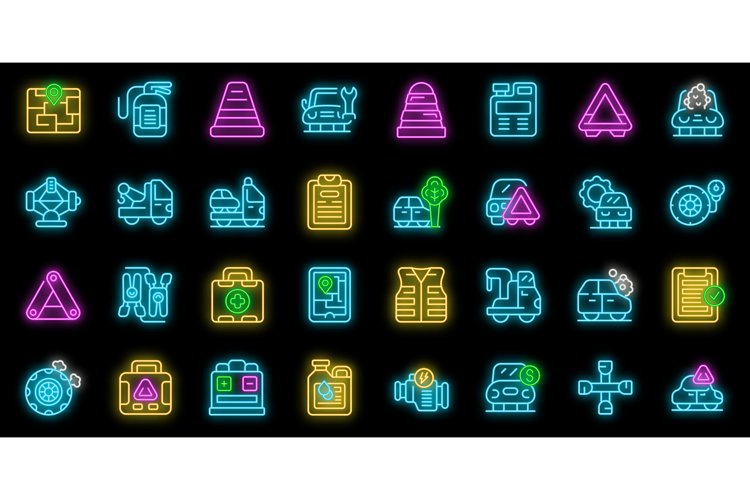 Roadside assistance icons set vector neon