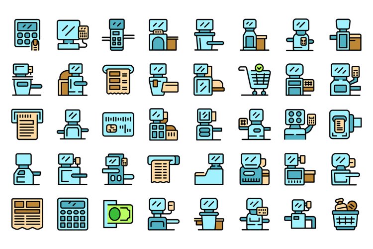 Self-service at the checkout icons set vector flat