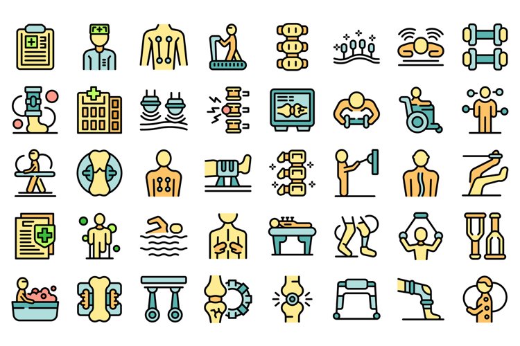 Physiotherapy icons set vector flat