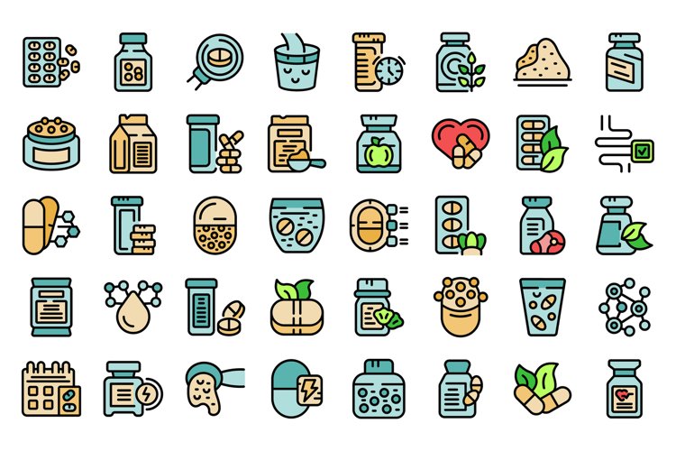 Dietary supplements icons set vector flat