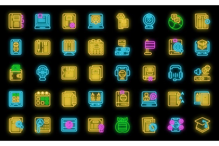 Spanish lessons icons set vector neon
