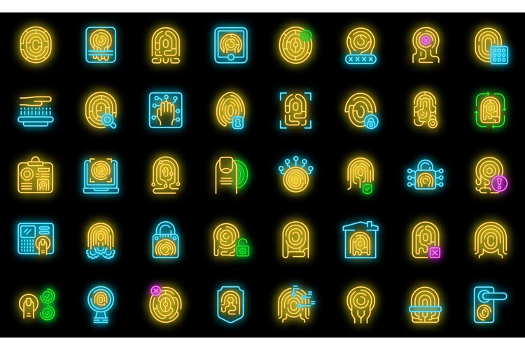 Fingerprinting icons set vector neon