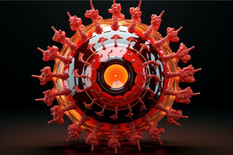 Red virus ball in 3D. Generate Ai