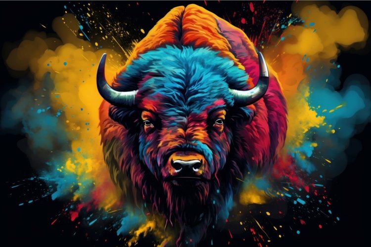 Dazzling Colorful bison splashes. Generate Ai