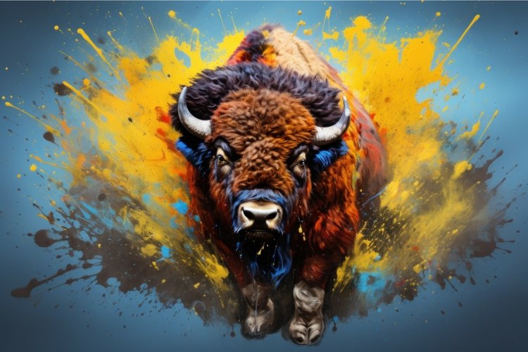 Vivacious Colorful bison splashes. Generate Ai
