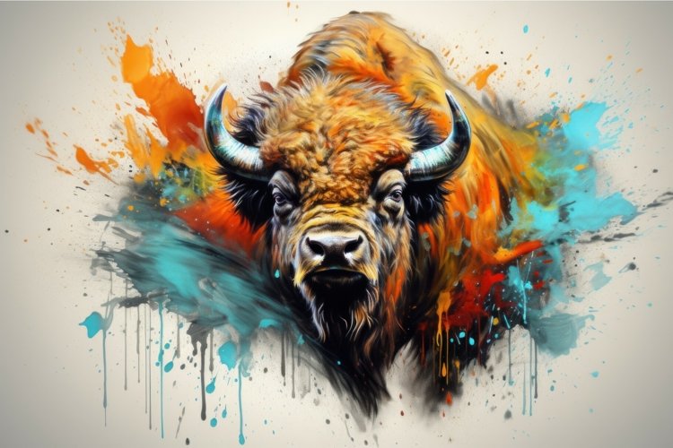 Vibrant Colorful bison splashes. Generate Ai (3749497)