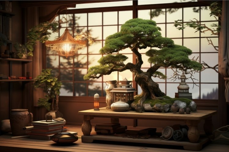 Tranquil Bonsai art tree room. Generate Ai