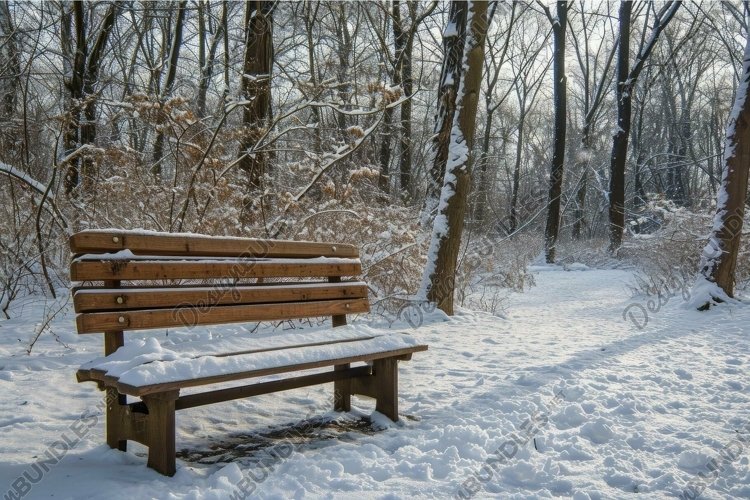 Serene winter park bench in snowy landscape