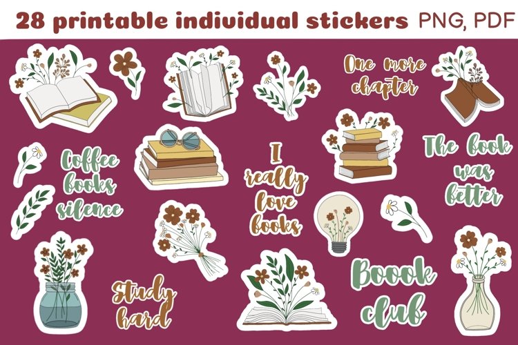 Flowers and books printable sticker bundle | PNG