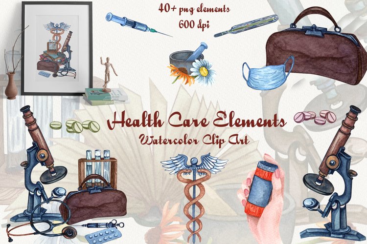Health Care Elements. Watercolor Clip-Art PNG 600dpi (536459 ...